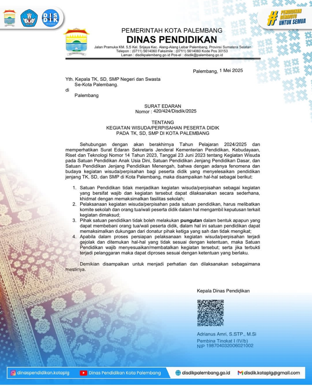 Disdik Kota Palembang Keluarkan Surat Edaran Resmi, Aturan ...